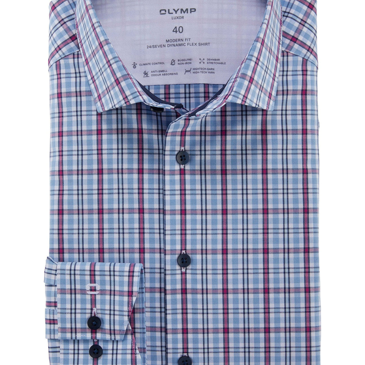 Olymp Luxor 24/7 Dynamic Flex Check Shirt - Blue/Fuchsia – Potters of ...