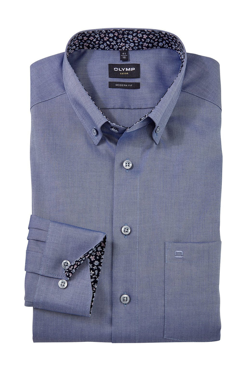 Olymp Luxor Modern Fit Plain Button-Down Shirt with Trim - Smoke Blue ...